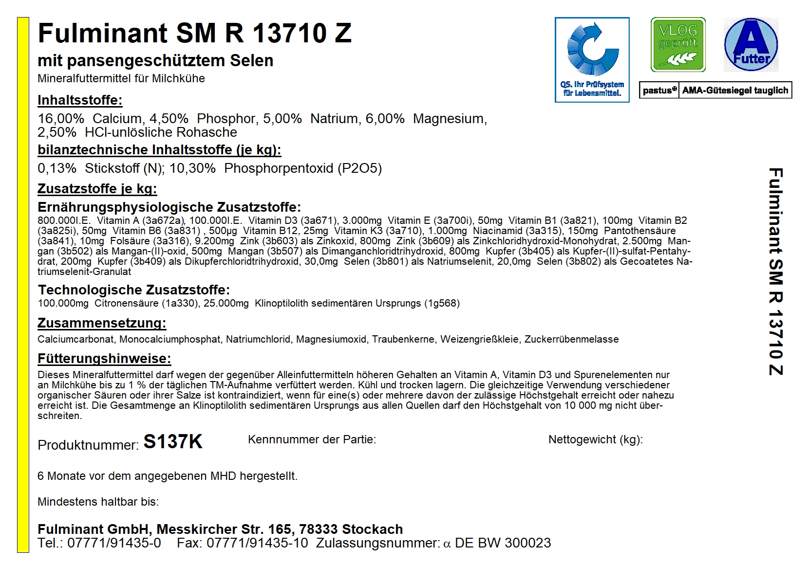 Fulminant SM R 13710 Z – Mineralfutter für Milchkühe mit Zitronensäure ...